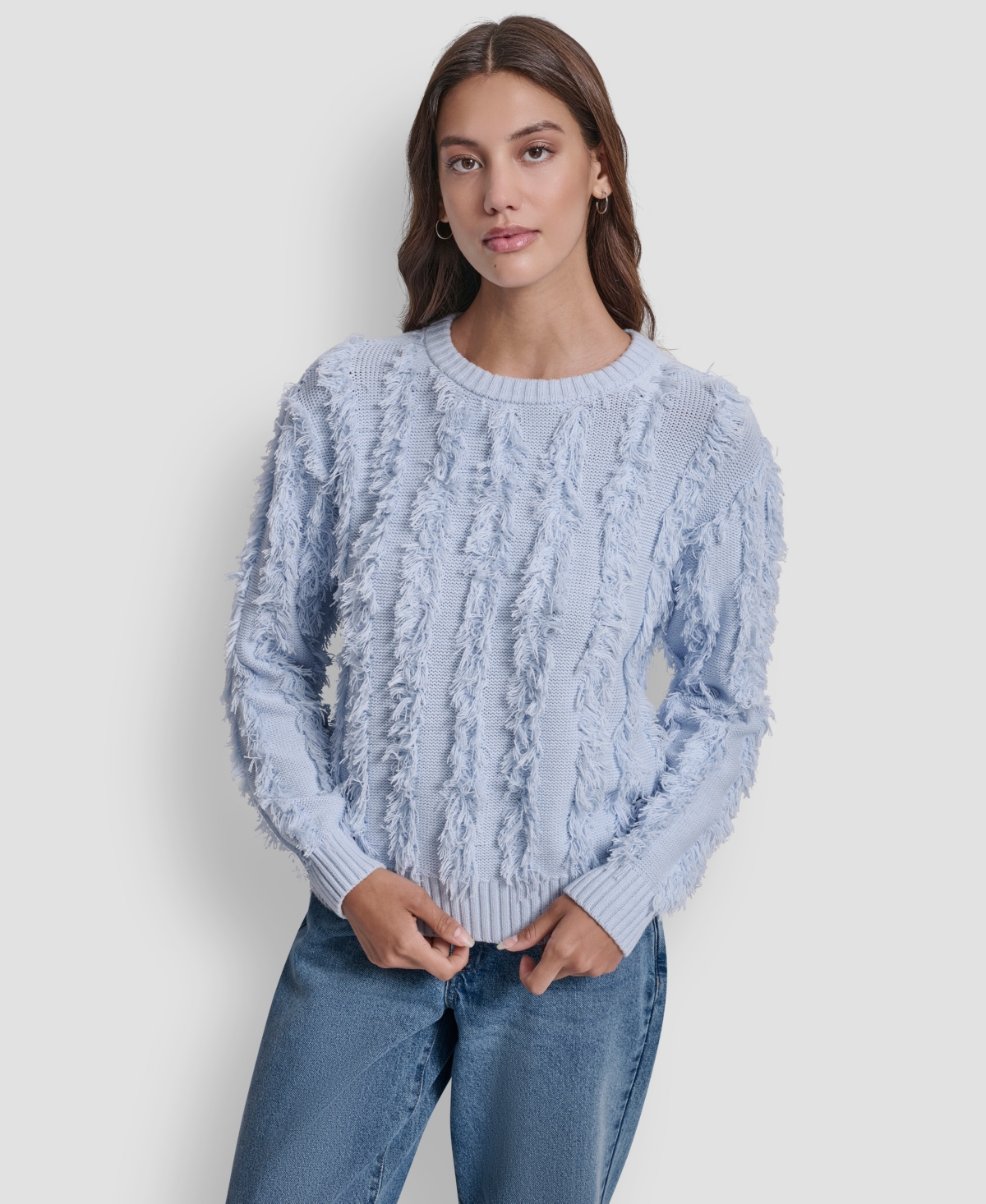Click here for Dkny Jeans Petite Fringe Crewneck Sweater - Frost... prices