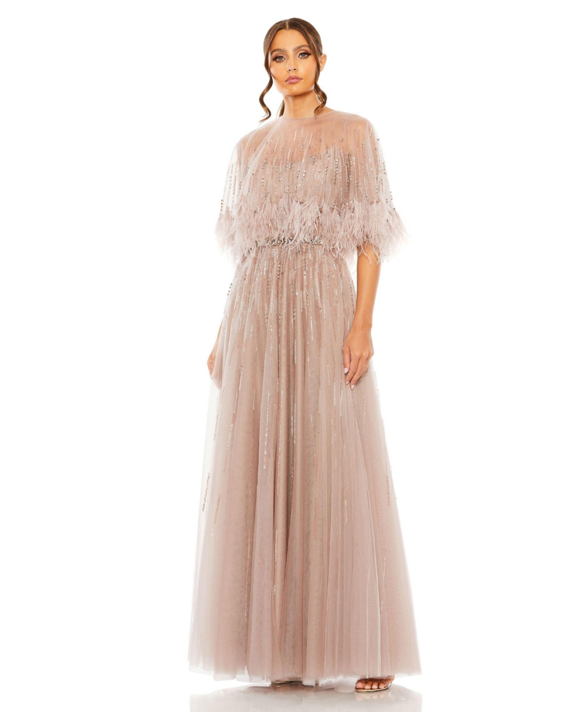 Mac Duggal Womens Embellished A Line Dress with Feather Detail Cape - Mocha