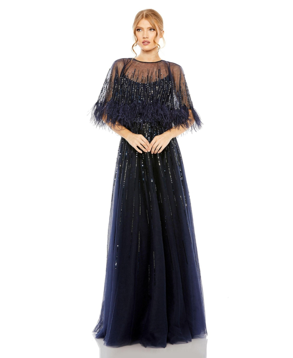 Mac Duggal Womens Embellished A Line Dress with Feather Detail Cape - Navy