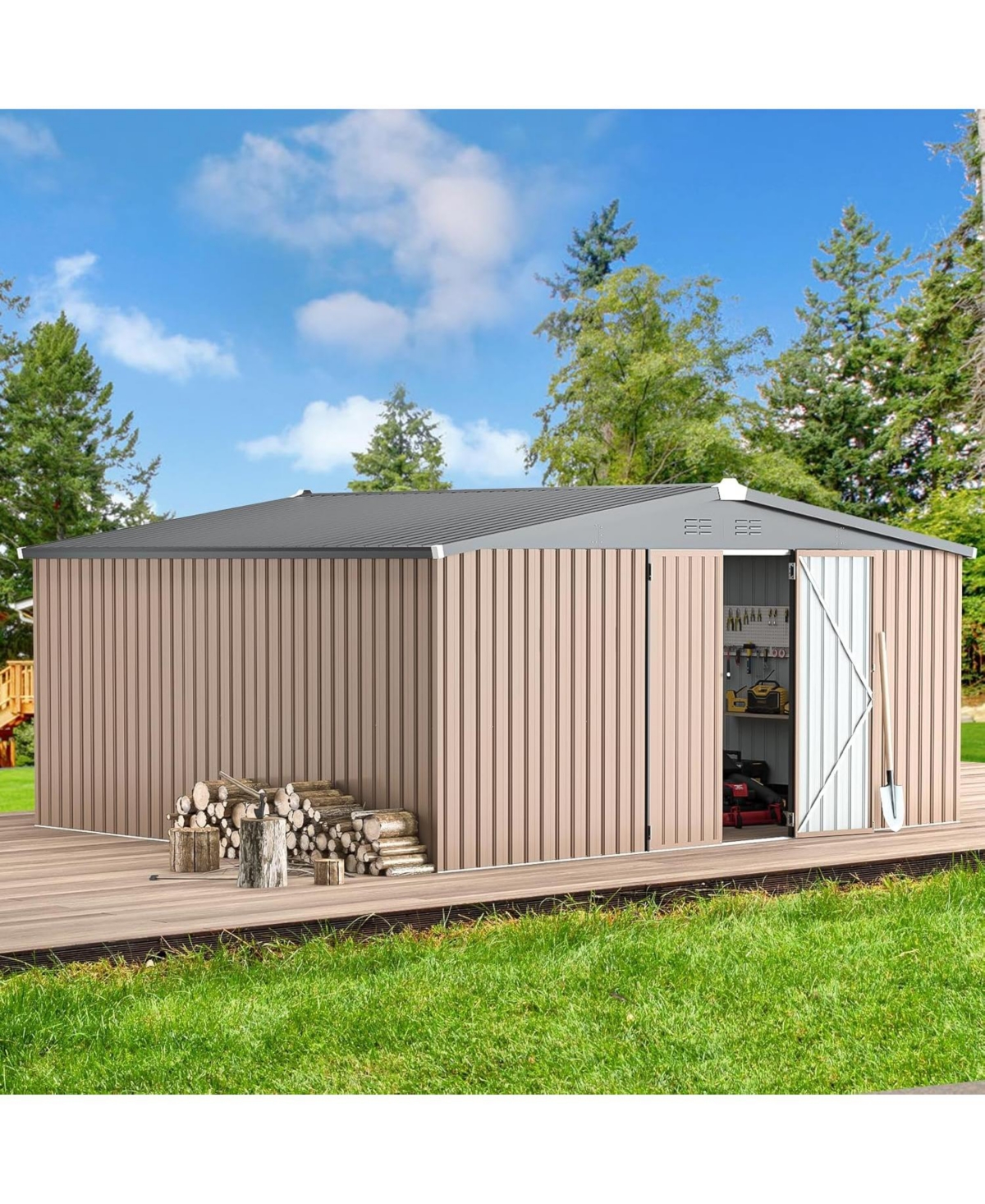 Click here for Aecojoy 14x12 Outdoor Storage Shed - Brown and gre... prices