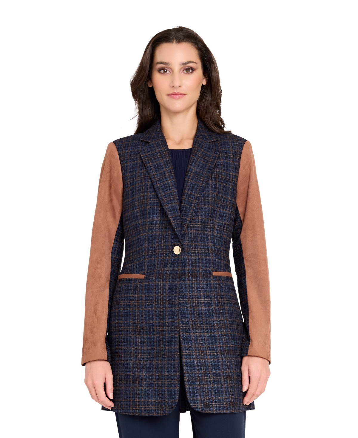 Click here for Tahari Asl Womens Plaid One-Button Jacket - Navy/t... prices