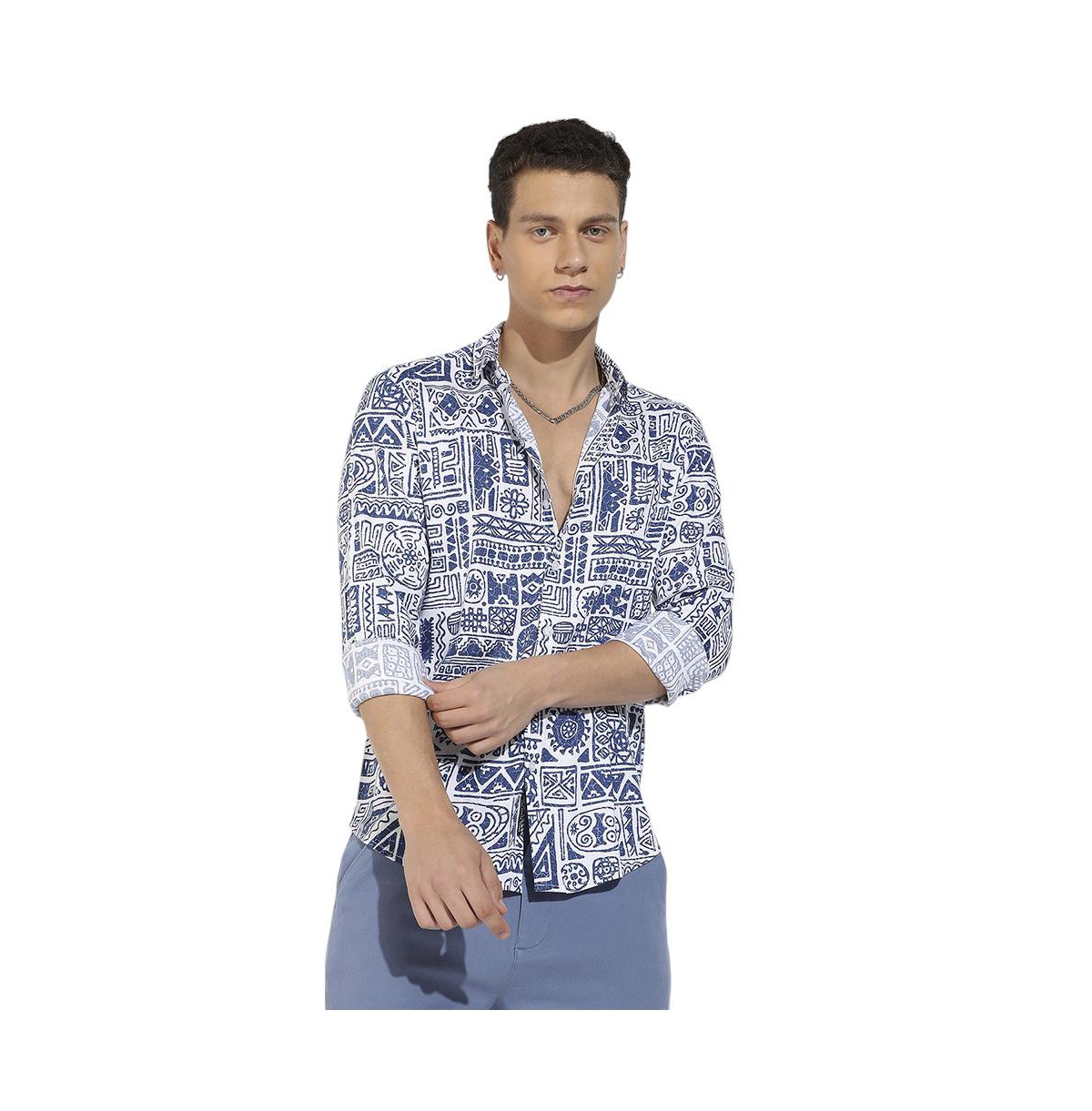 Click here for Campus Sutra Mens Indigo Blue Contrast Aztec Shirt... prices