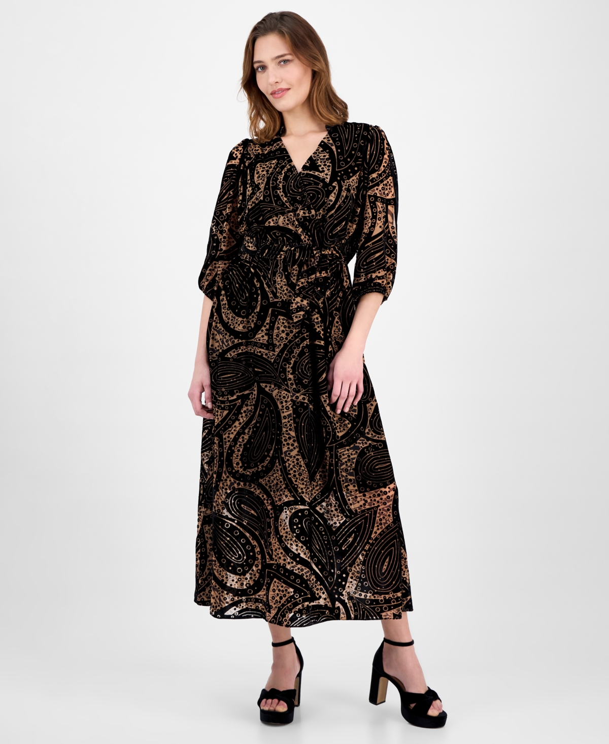 Click here for Robbie Bee Womens Printed V-Neck Maxi Dress - Gold... prices