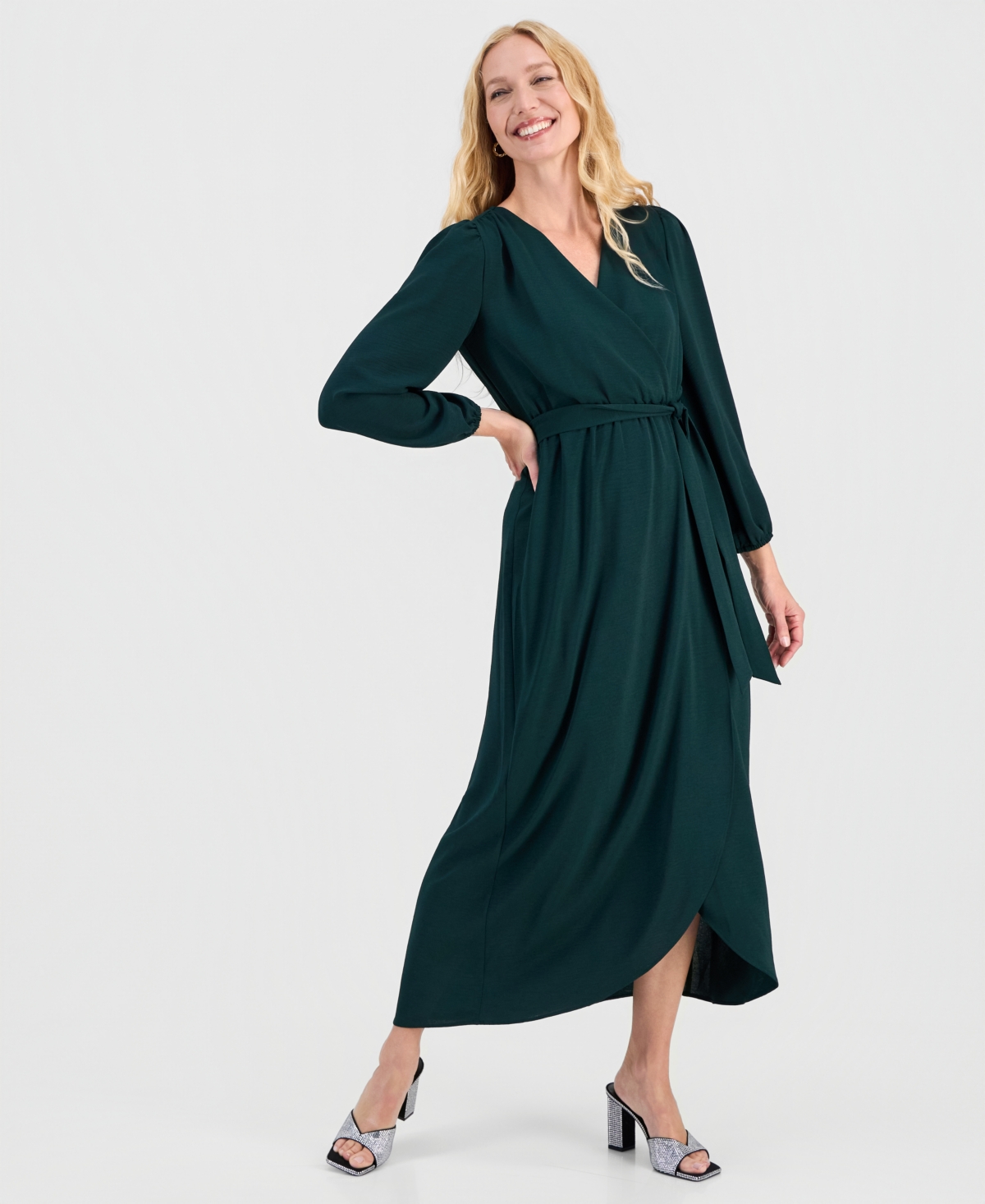 Click here for Connected Womens Surplice-Neck Faux-Wrap Long-Slee... prices