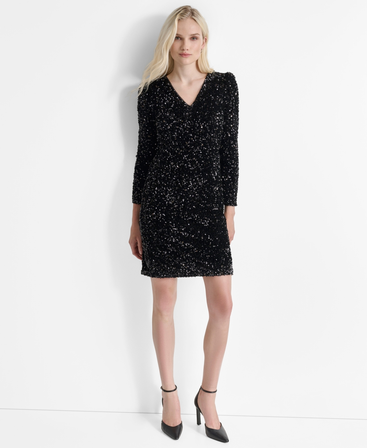 Click here for Dkny Womens Long Sleeve Sequin Shift Dress - Black prices