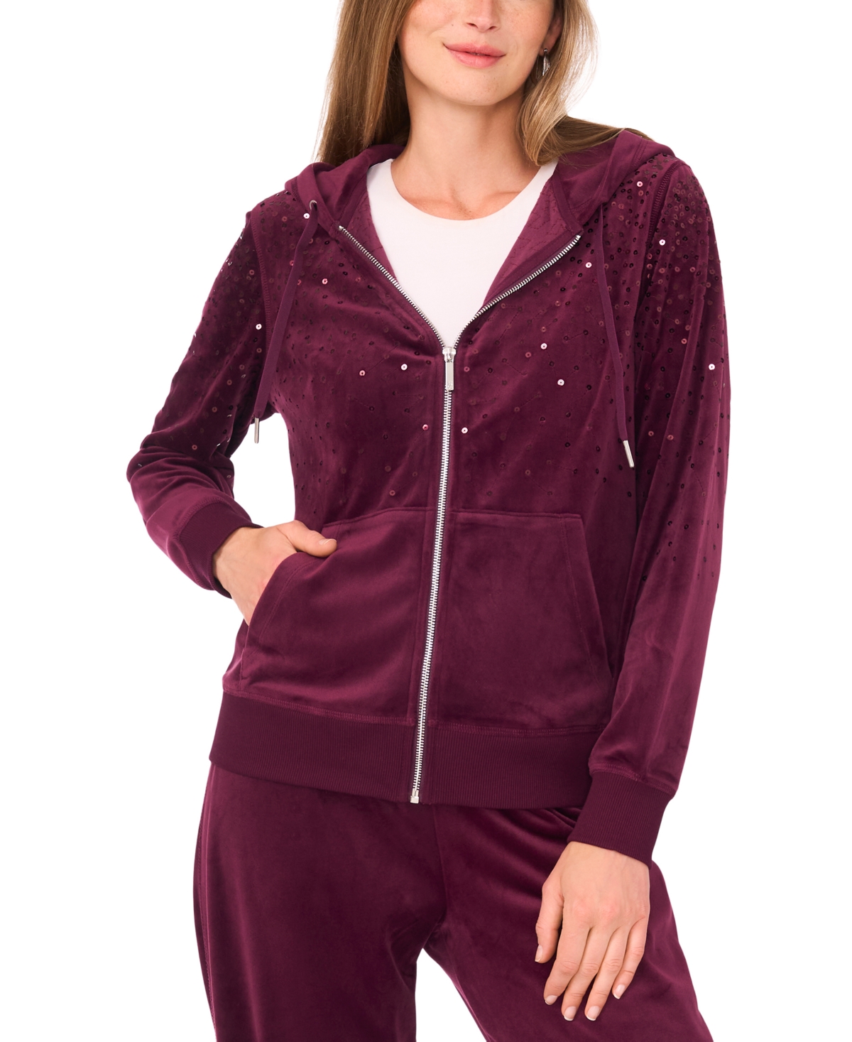 Click here for Vince Camuto Womens Velour Sequin Zip-Front Hoodie... prices
