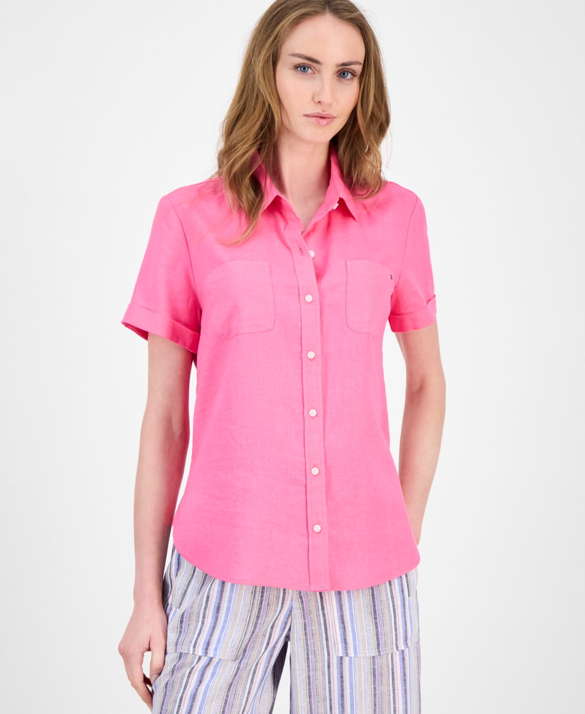 Click here for Tommy Hilfiger Womens Cuffed Short-Sleeve Camp Shi... prices