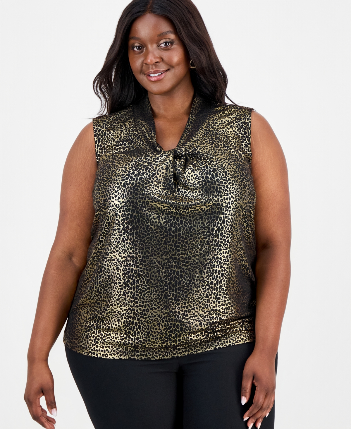 Kasper Plus Size Foil-Print Knot-Front Top - Black/Gold