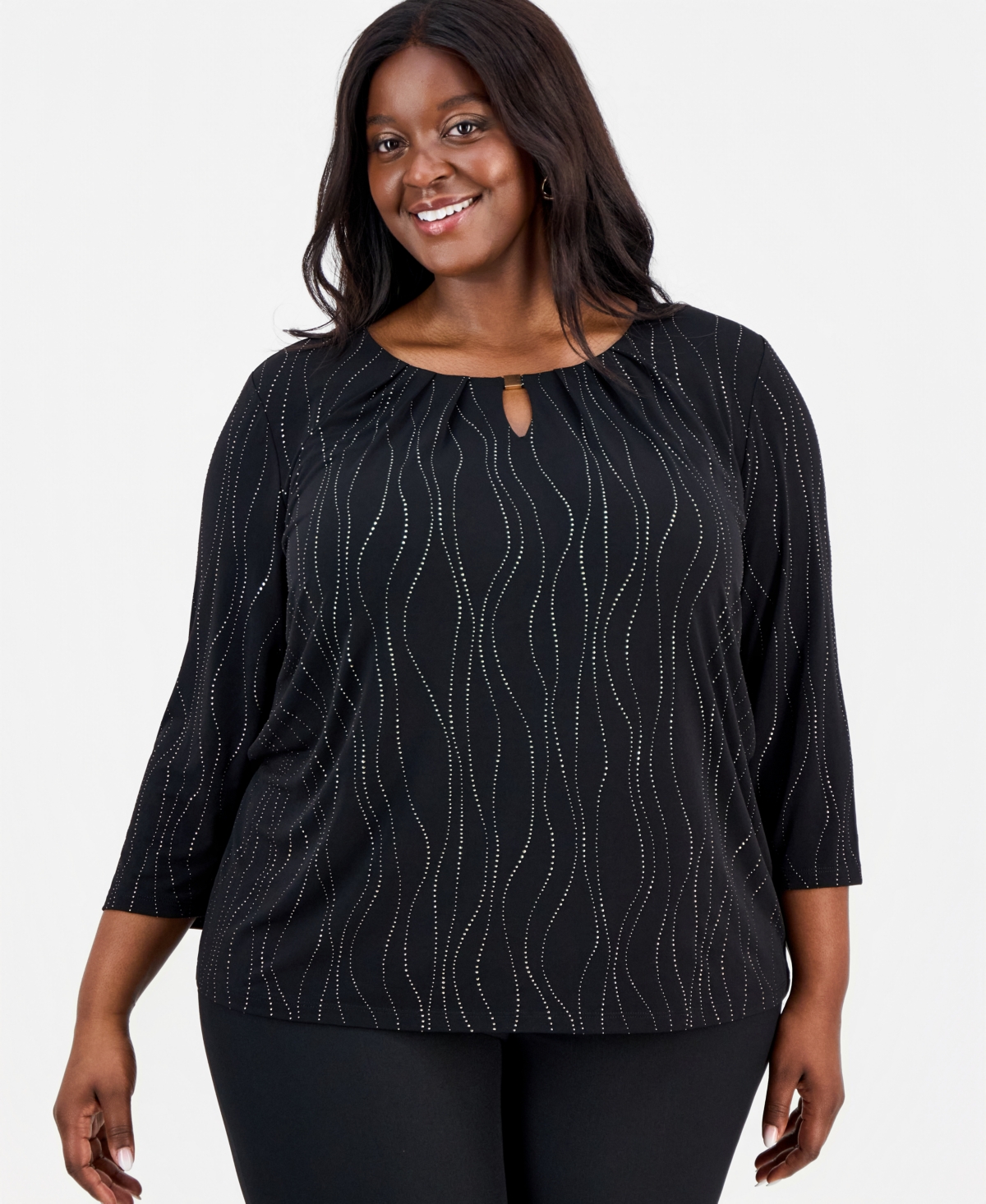 Click here for Kasper Plus Size 3/4-Sleeve Pleated Keyhole Top -... prices