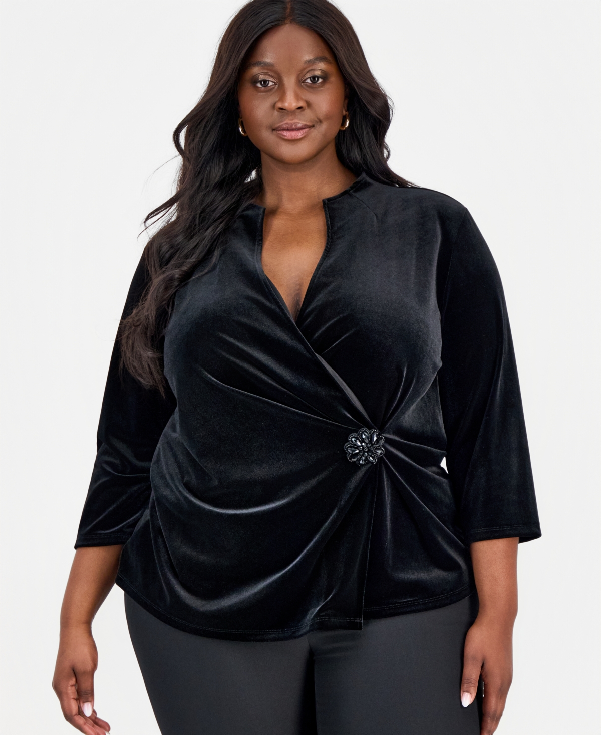 Click here for Kasper Plus Size Velvet Embellished Wrap Top - Bla... prices