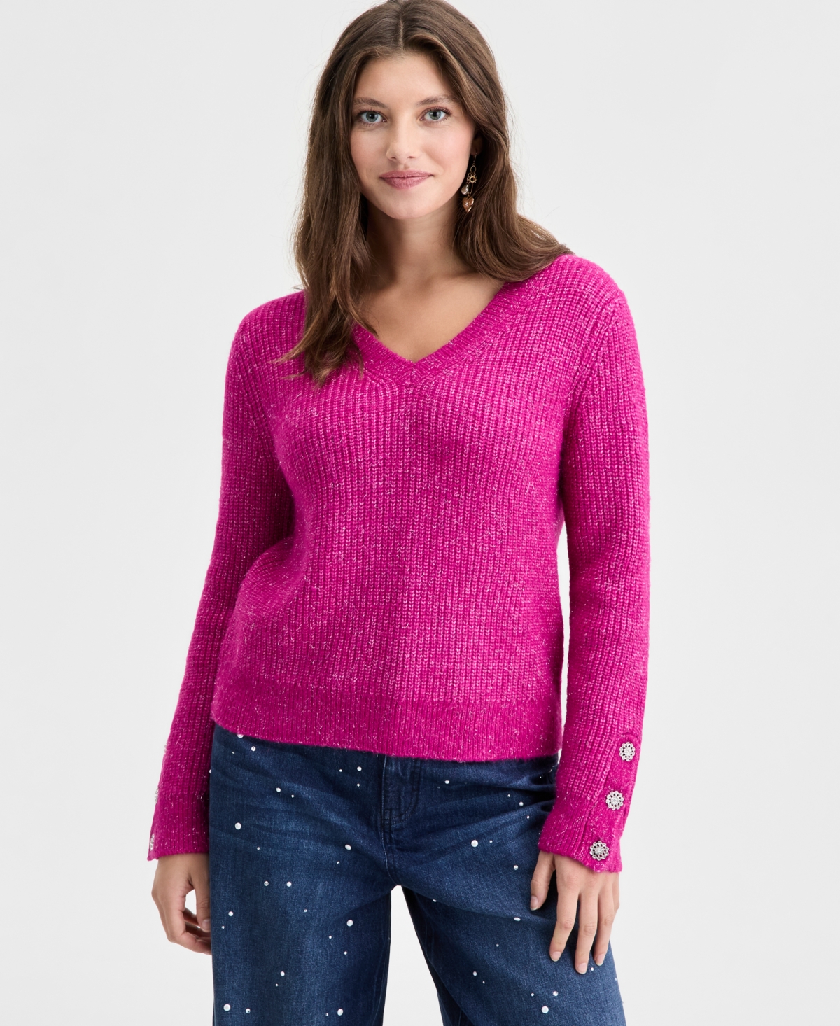 Click here for On 34th Womens V-Neck Jewel-Button-Cuff Sweater  M... prices