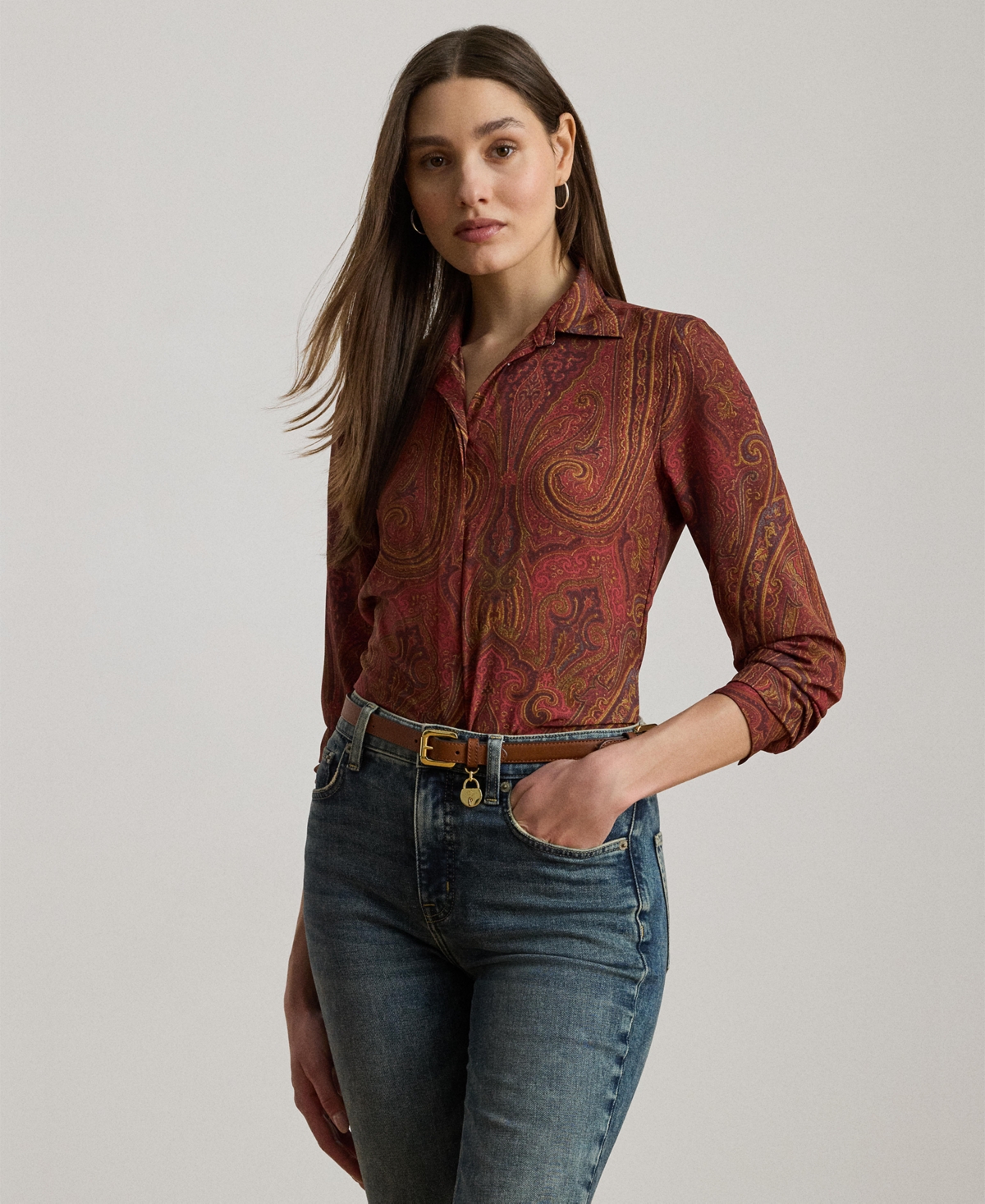 Lauren Ralph Lauren Womens Classic Fit Paisley Print Shirt - Red Multi