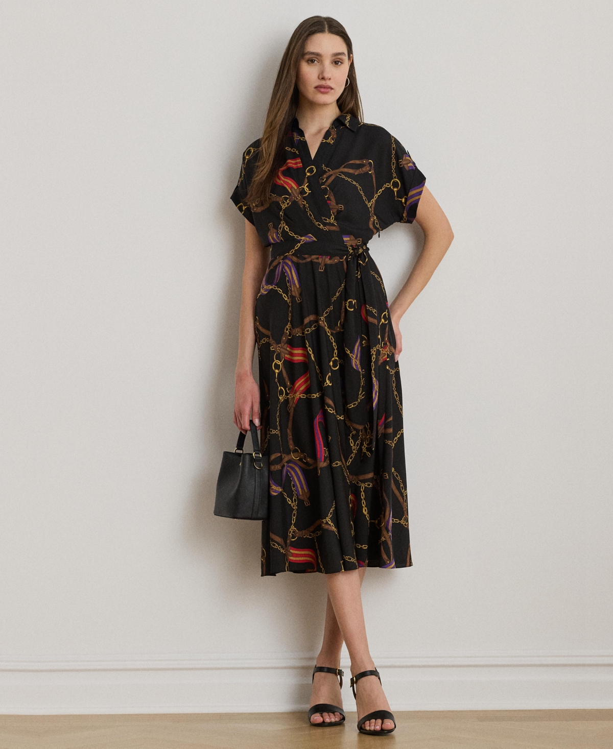 Lauren Ralph Lauren Womens Belted Crepe Dress - Black Multi