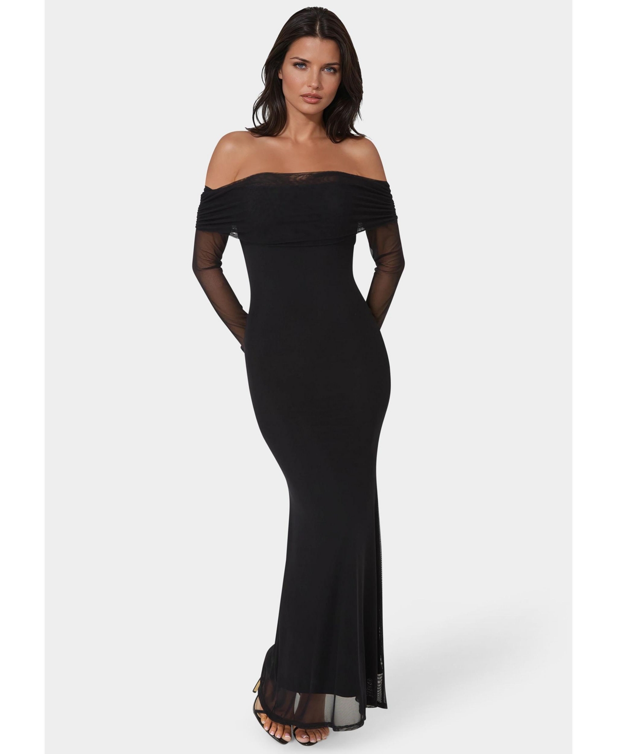 Click here for Bebe Womens Long Sleeve Off the Shoulder Mesh Maxi... prices