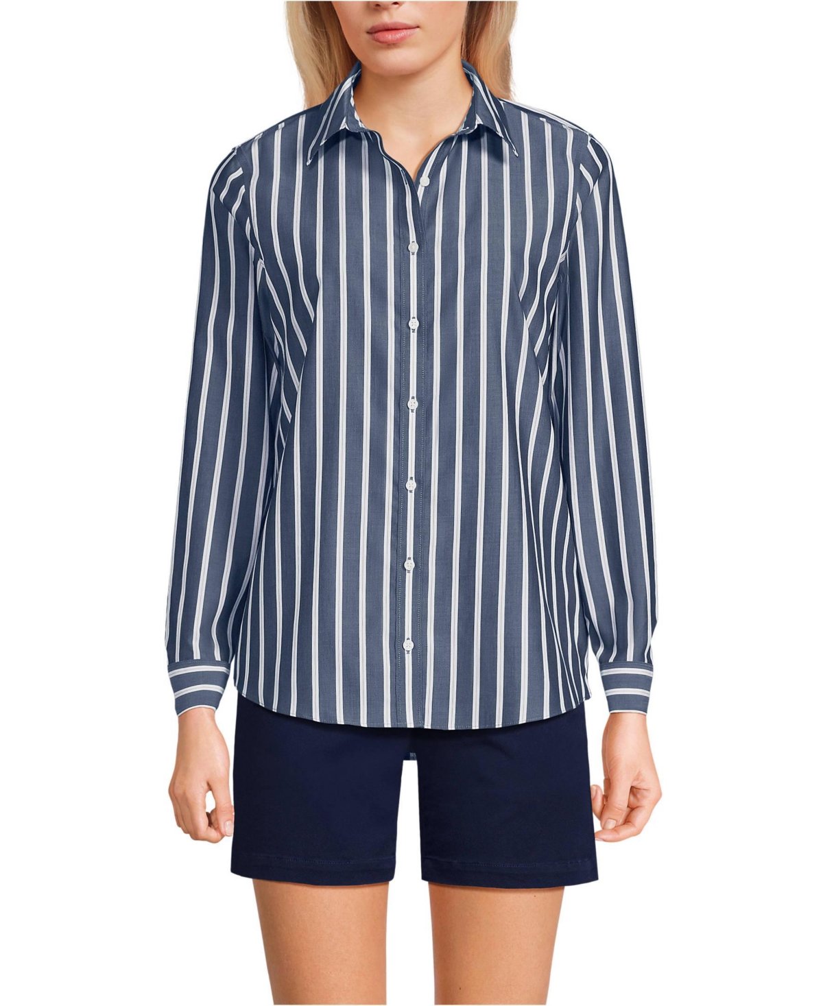Click here for Lands End Petite No Iron Button Front Shirt - Navy... prices