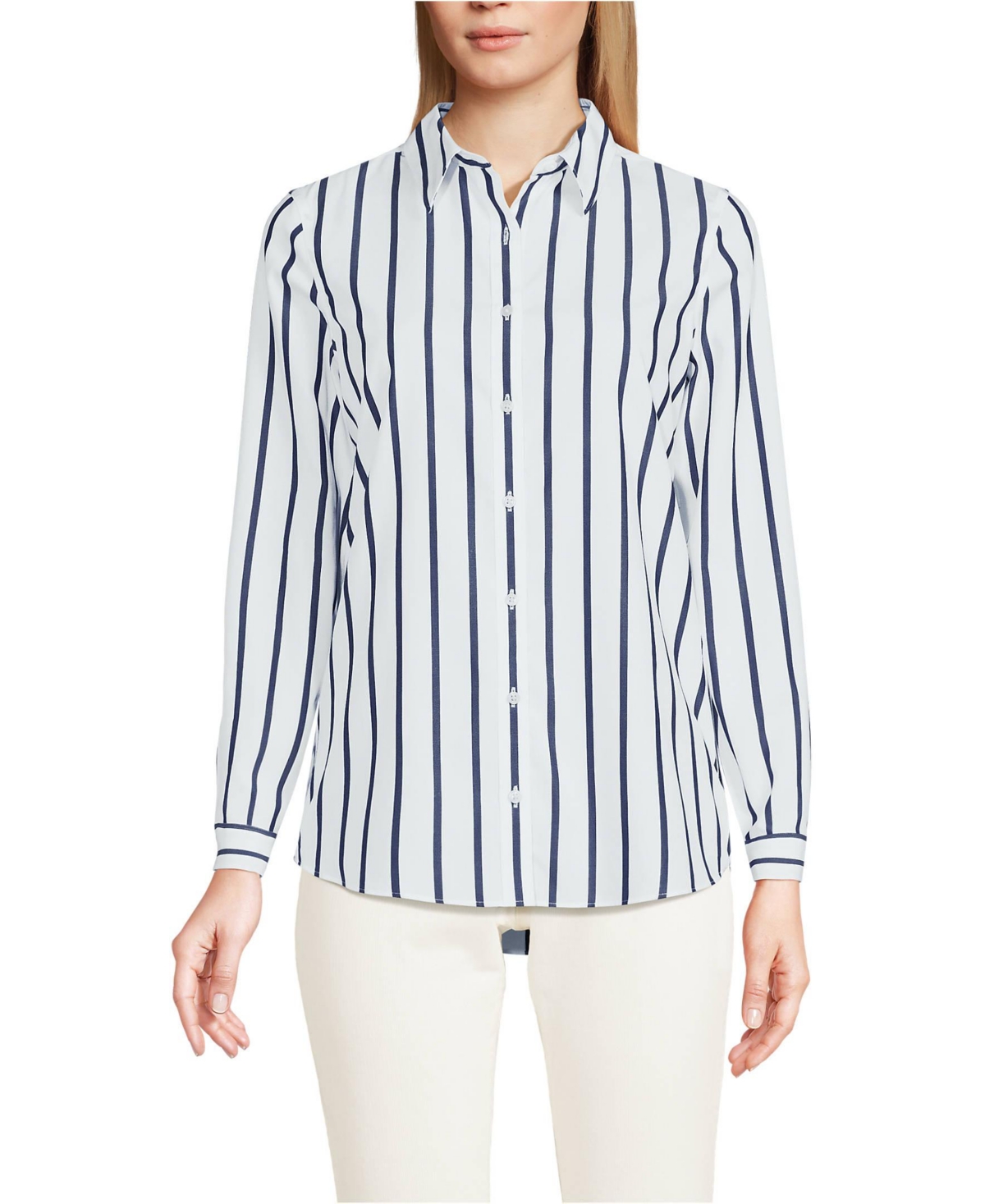 Click here for Lands End Petite No Iron Button Front Shirt - Whit... prices