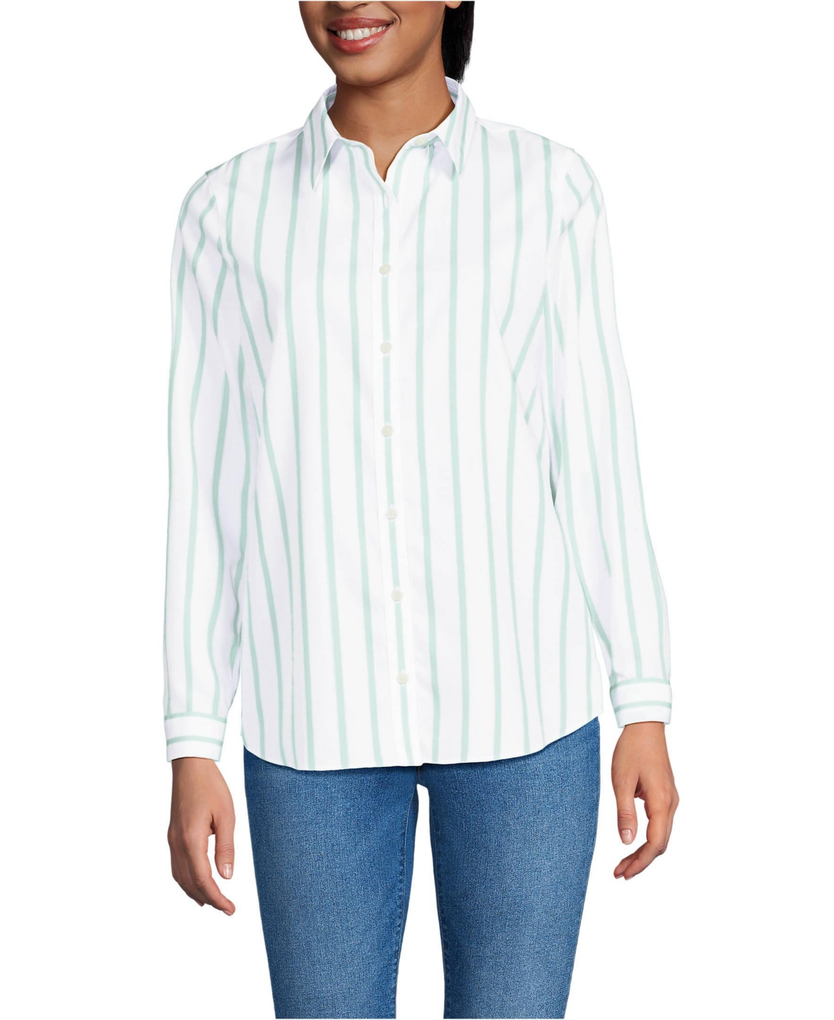 Click here for Lands End Petite No Iron Button Front Shirt - Whit... prices