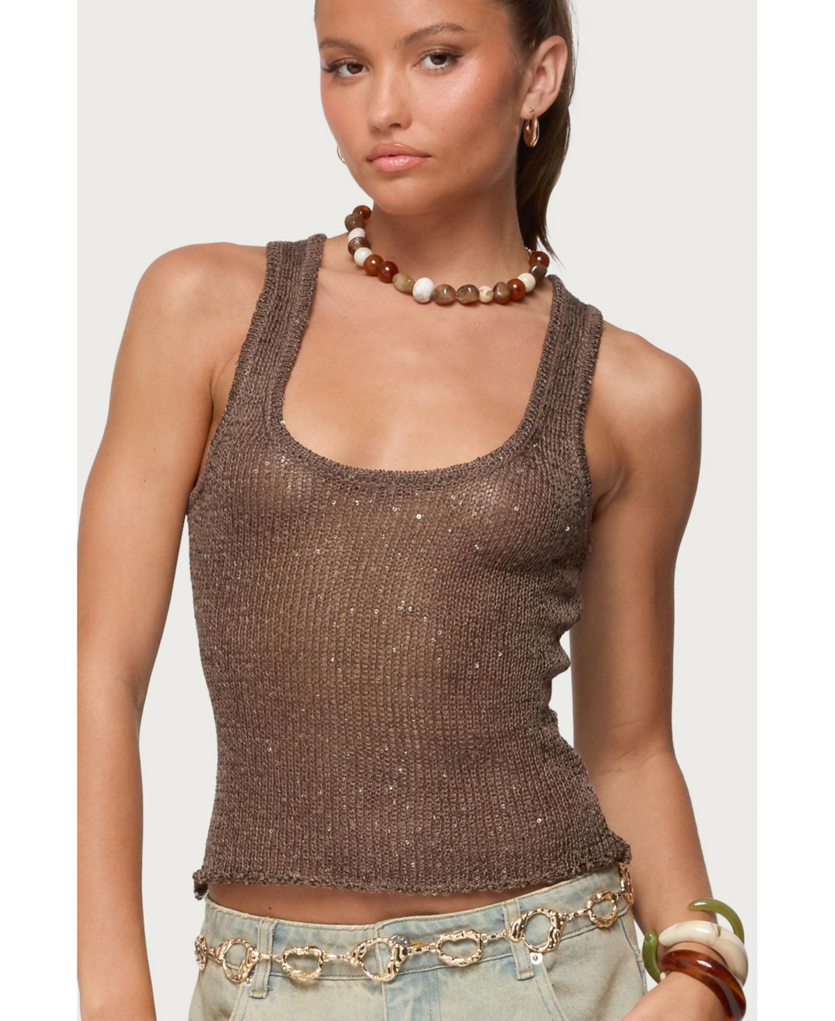 Click here for Edikted Womens Eleora Sequin Knit Tank Top - Brown prices