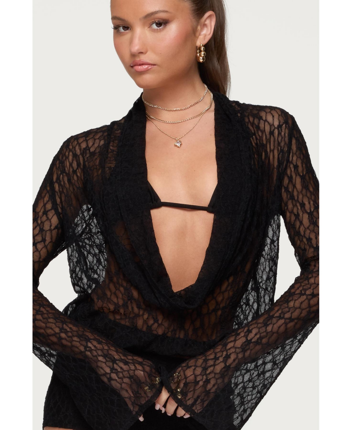 Click here for Edikted Womens Lera Lacey Sheer Mesh Top - Black prices