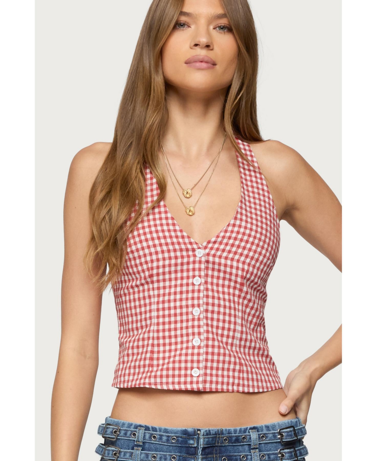Click here for Edikted Womens Evan Gingham Button Up Halter Top -... prices
