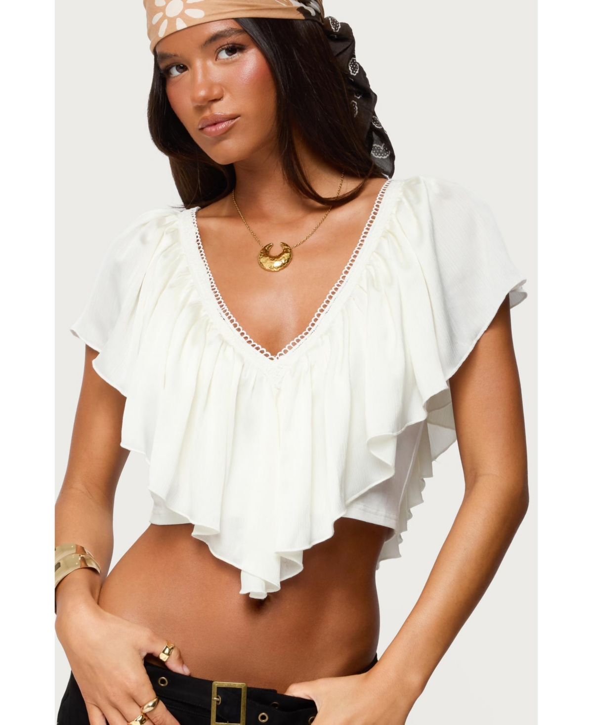 Click here for Edikted Womens Deena Ruffled V Neck Top - Cream prices