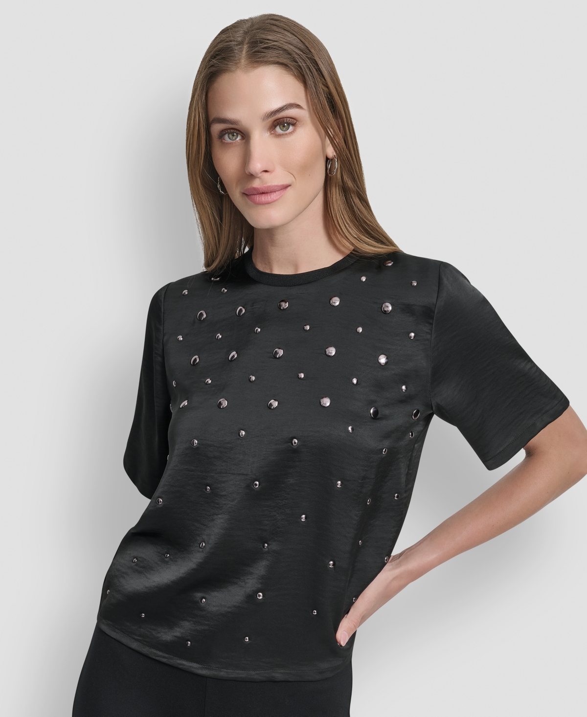 Click here for Dkny Womens Studded Boxy Short Sleeve Top - Black prices