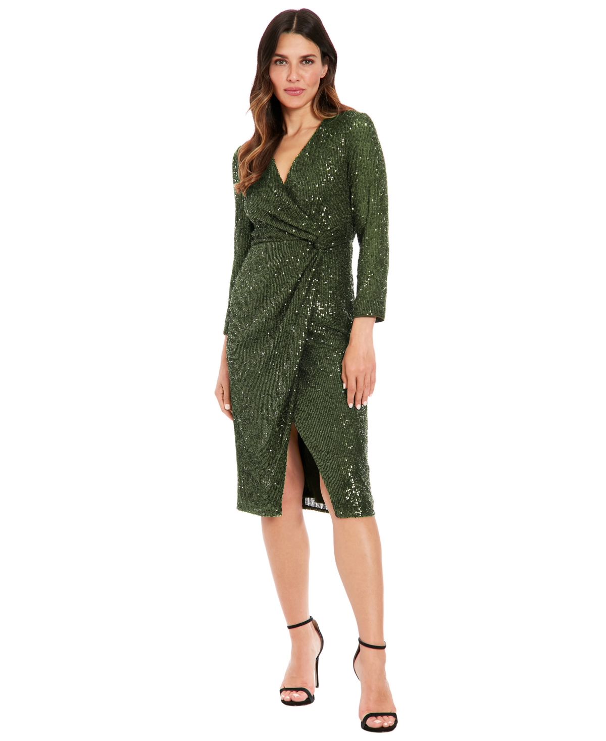 Click here for London Times Petite Sequin Side Ruched Surplice Ne... prices