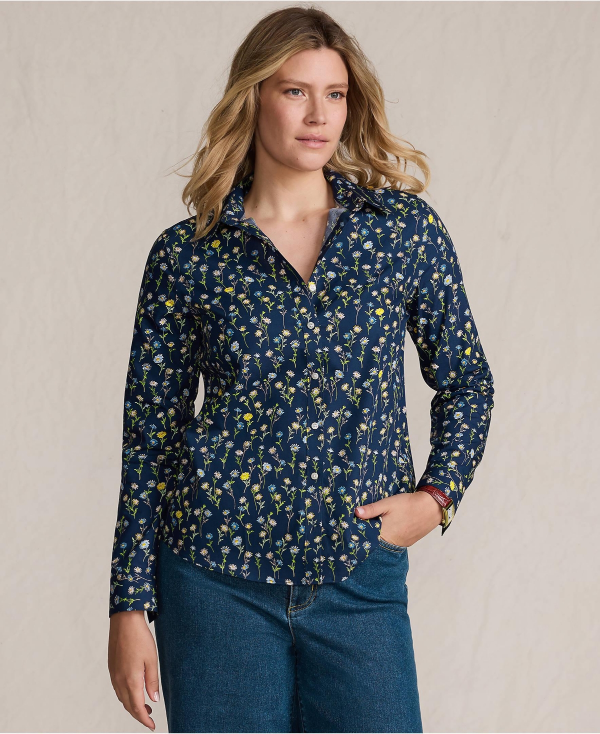 Click here for Lands End Petite No Iron Button Front Shirt - Deep... prices