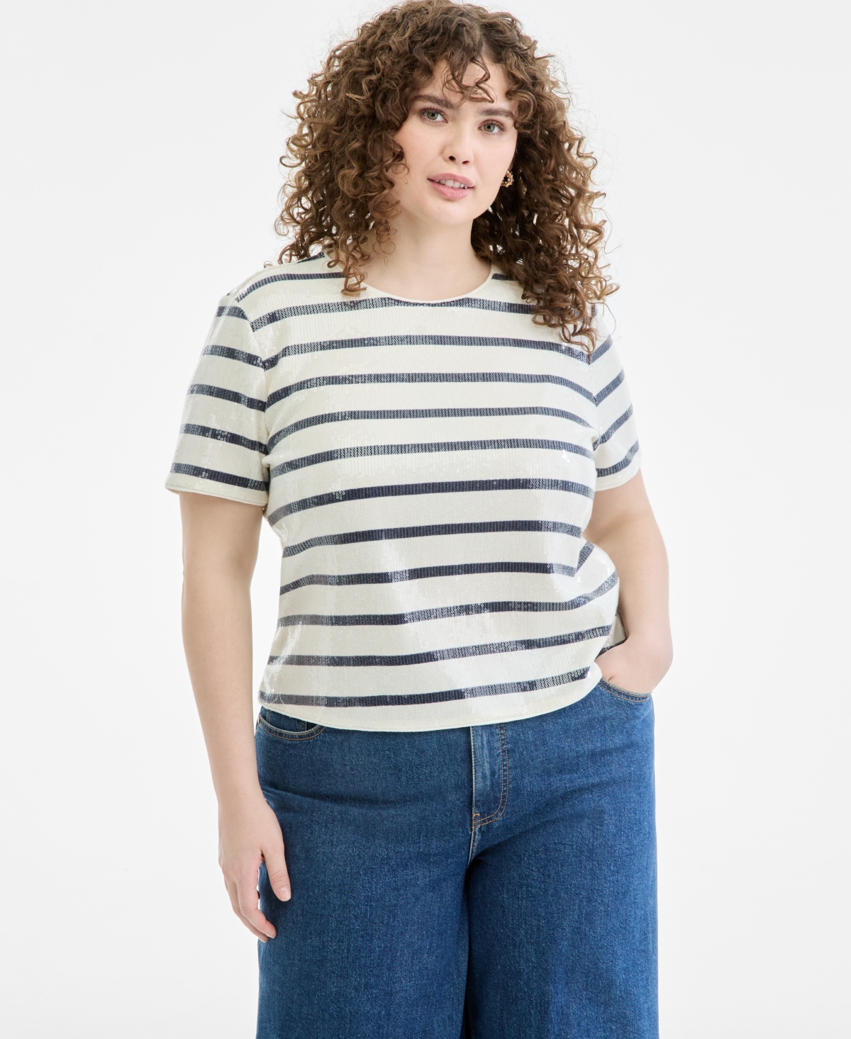 Click here for On 34th Plus Size Crewneck Printed Base Stripe Seq... prices