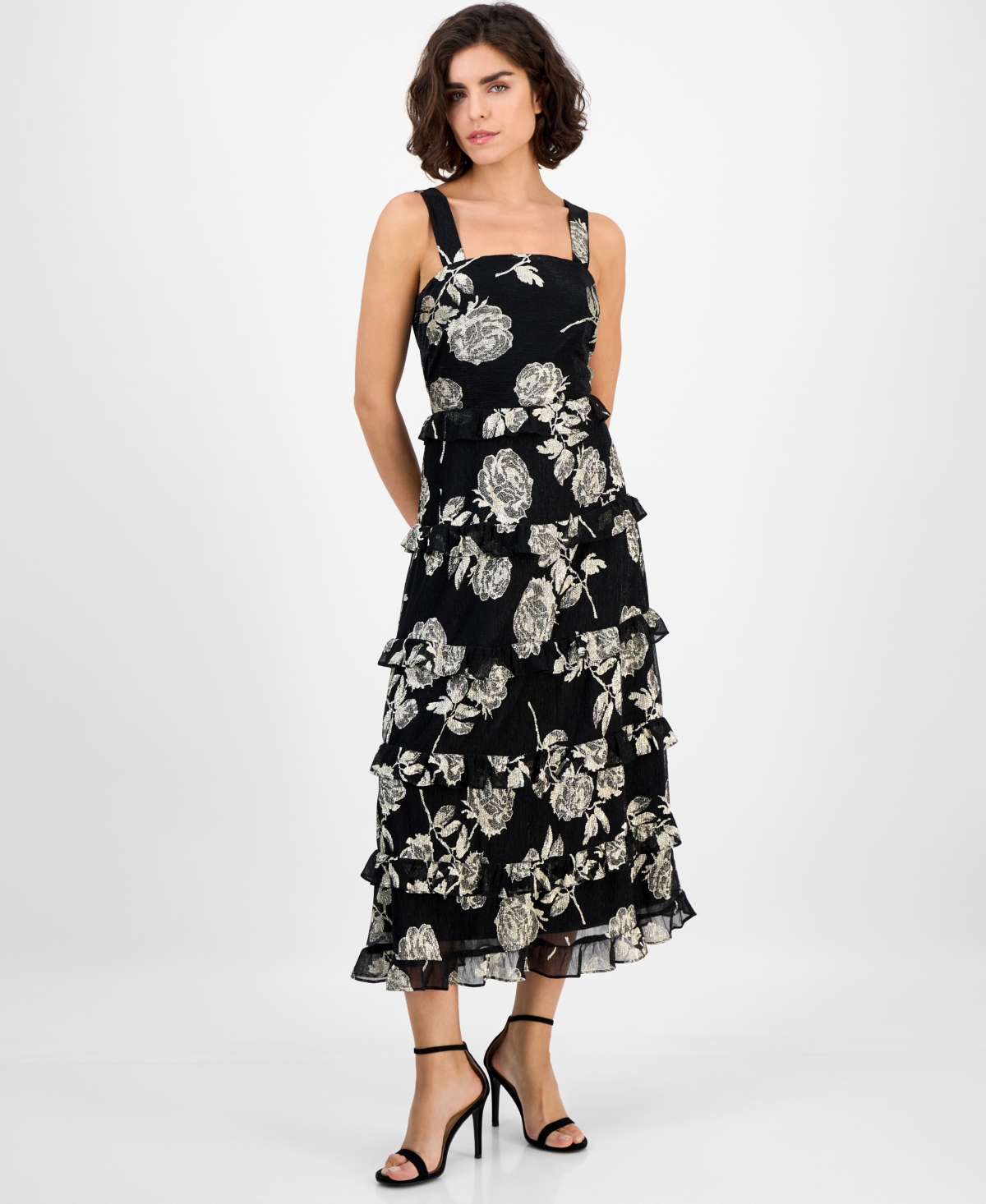 Click here for Anne Klein Womens Square-Neck Tiered Foil Midi Dre... prices