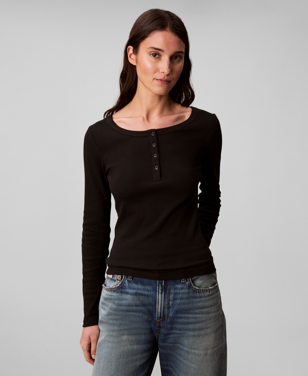 Calvin Klein Jeans Womens Long Sleeve Ribbed Knit T-Shirt - Black