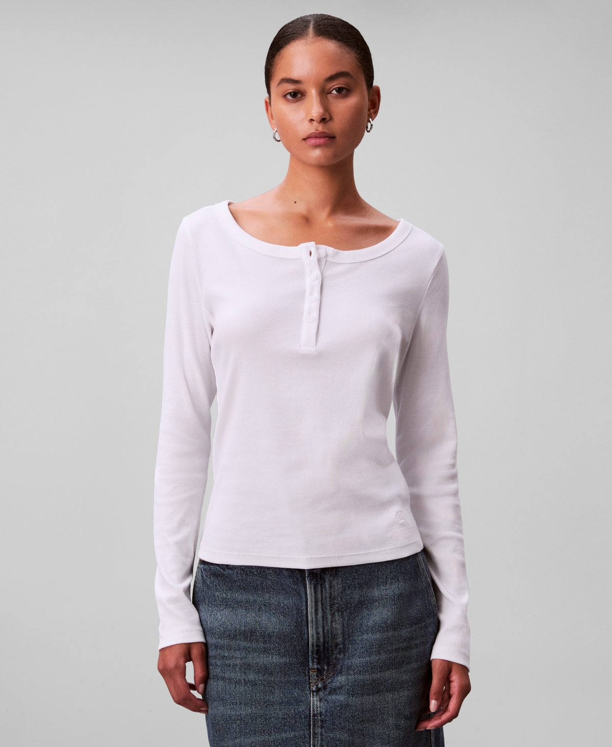 Calvin Klein Jeans Womens Long Sleeve Ribbed Knit T-Shirt - Brilliant White