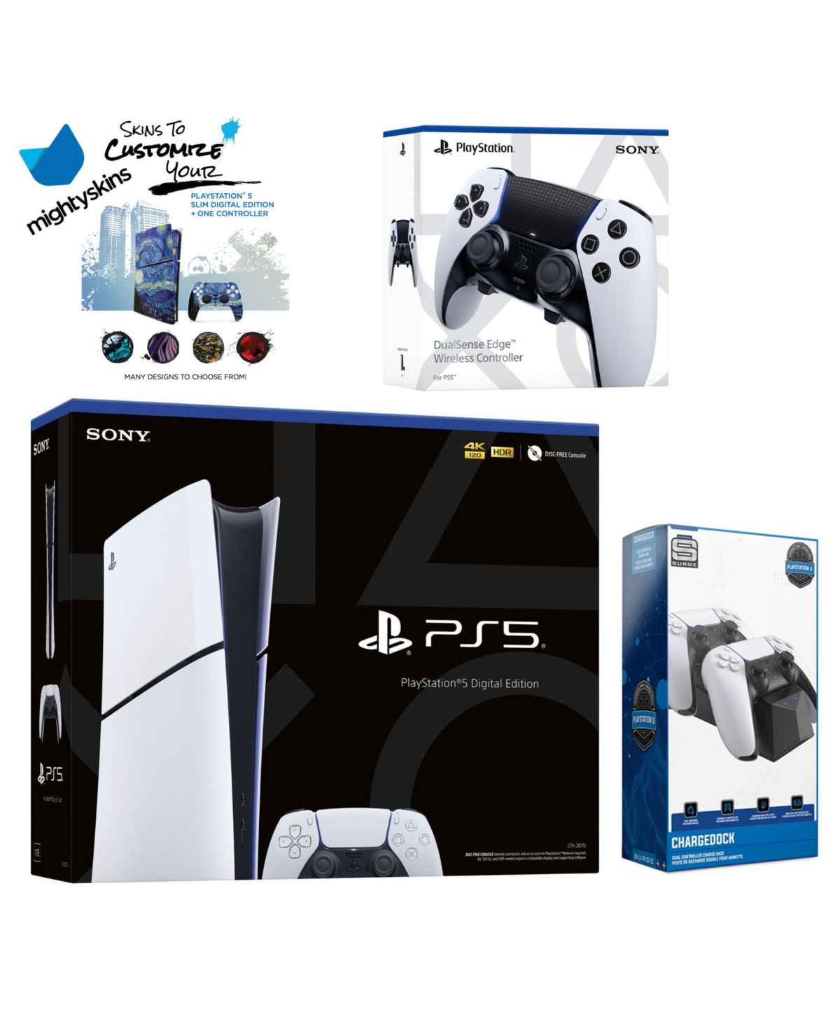 Sony Playstation 5 Slim Digital with Extra Edge Controller  Charging Dock and MightySkins Decal Voucher + 2 Year Cps Extended Warranty - White