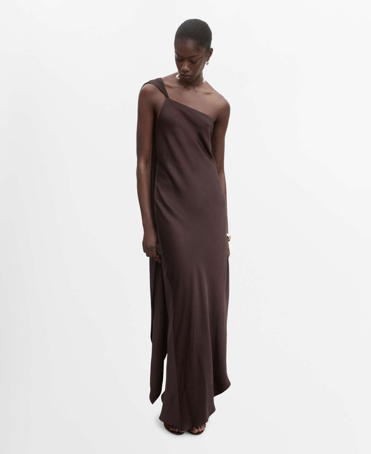 Click here for Mango Womens Asymmetrical Satin Dress - Brown prices
