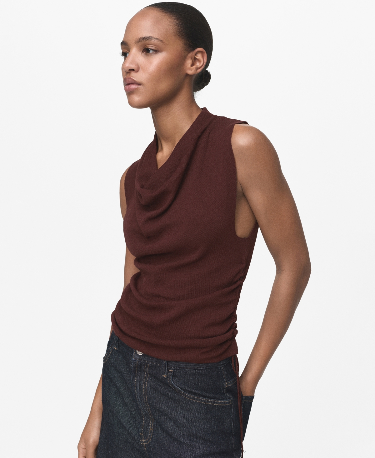 Click here for Mango Womens Ruched Knitted Top - Brown prices
