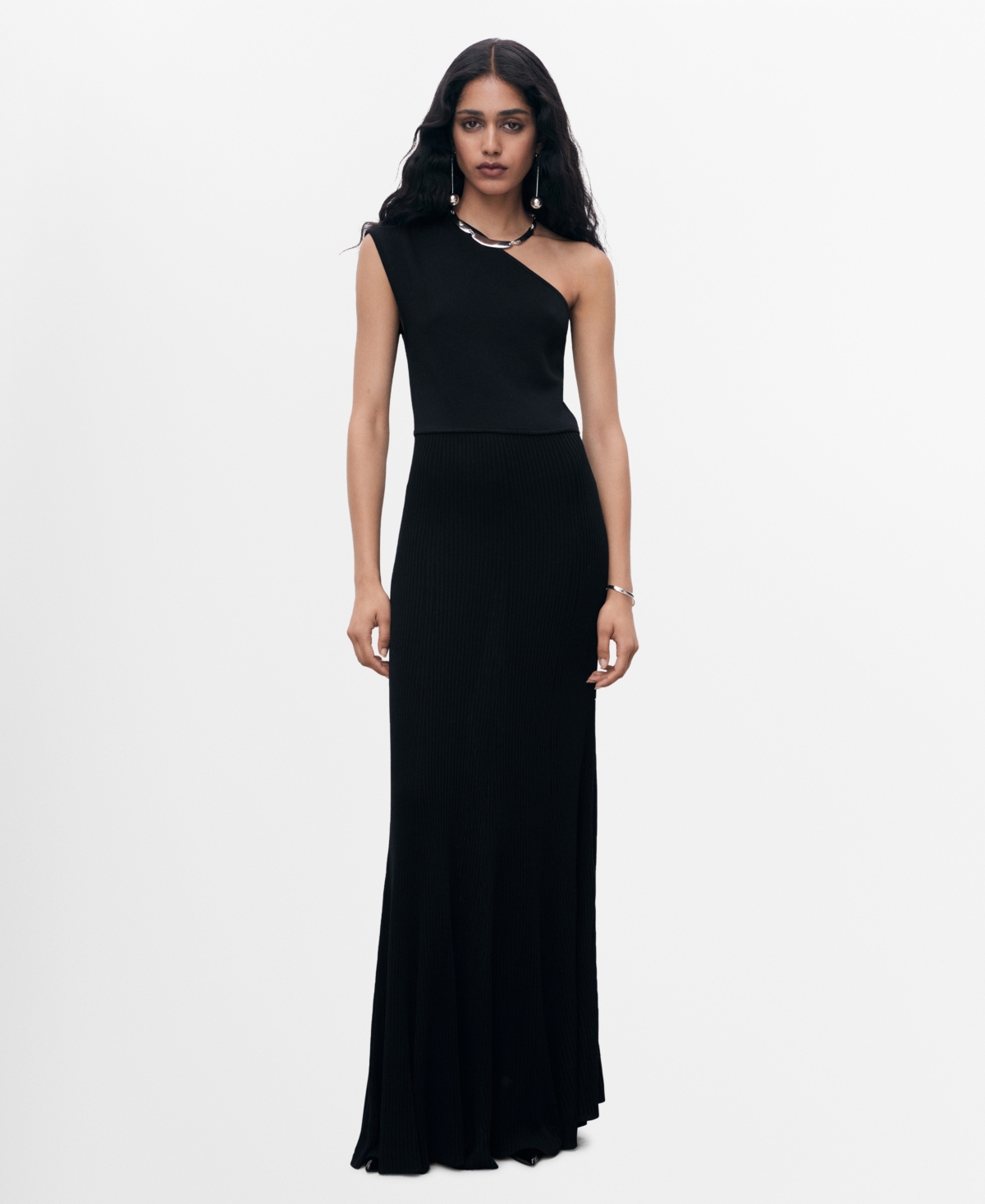 Click here for Mango Womens Asymmetrical Combined-Knit Dress - Bl... prices