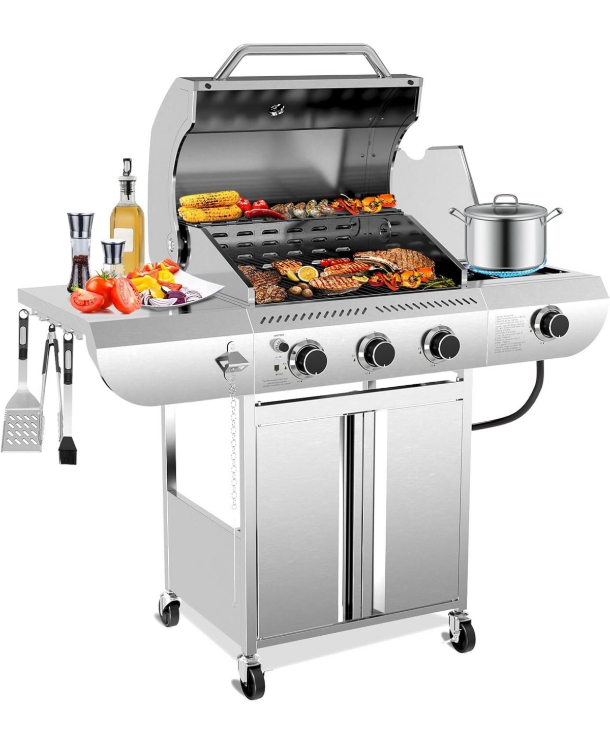 Cowsar 3-Burner Propane Gas Grill with Side Burner 34 000 Btu Stainless Steel Outdoor Bbq Grill  Cast Iron Grates  Portable for Patio  Camping