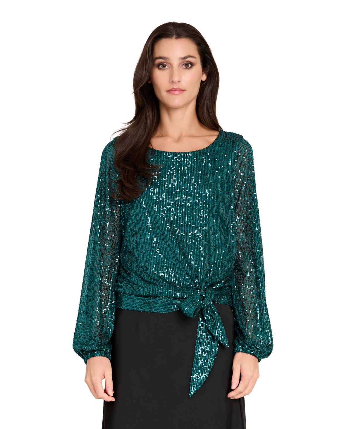 Click here for Tahari Asl Womens Long Sleeve Sequin Top - Emerald prices