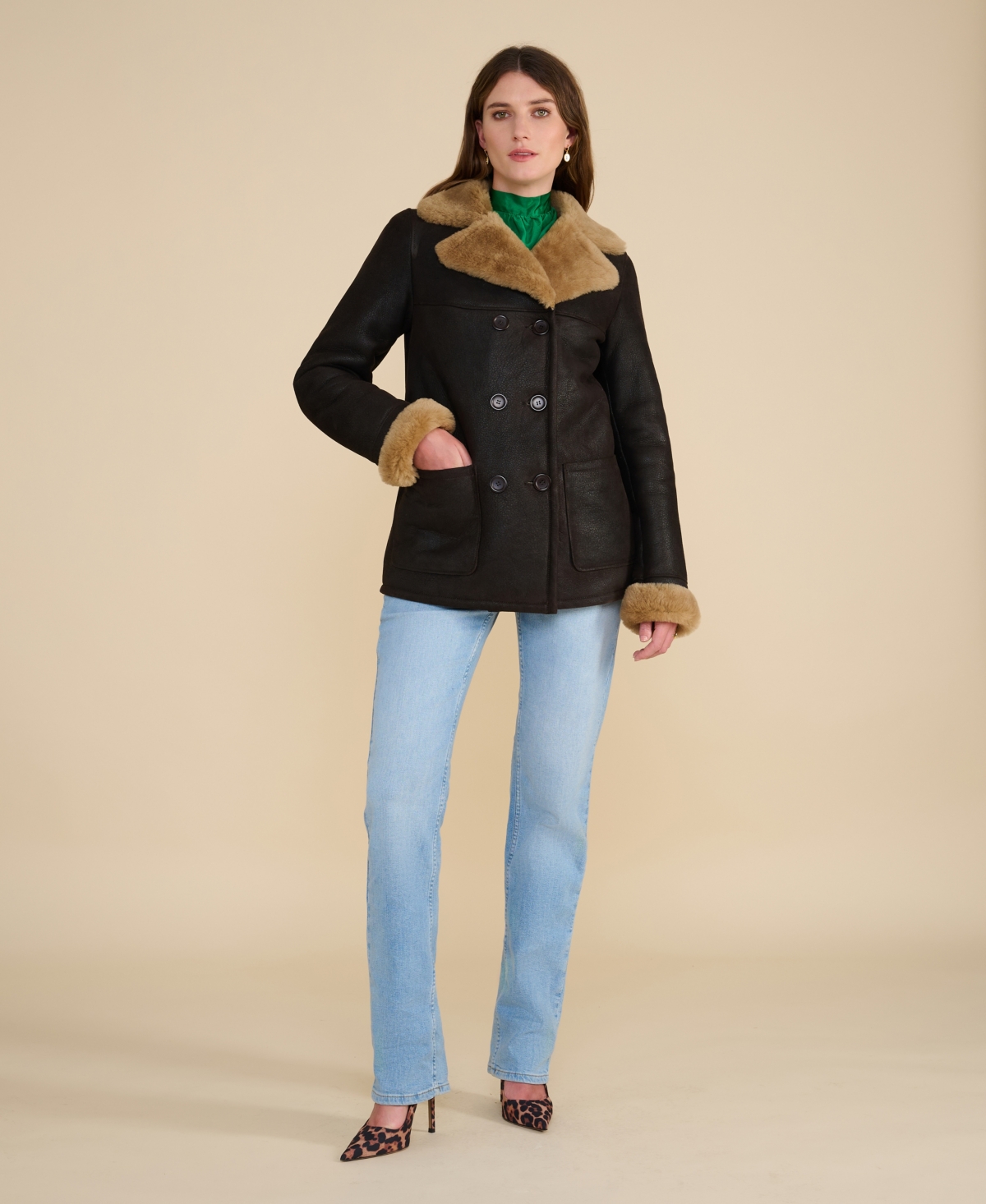 Click here for Furniq Uk Womens Leather Sheepskin Peacoat  Brown... prices