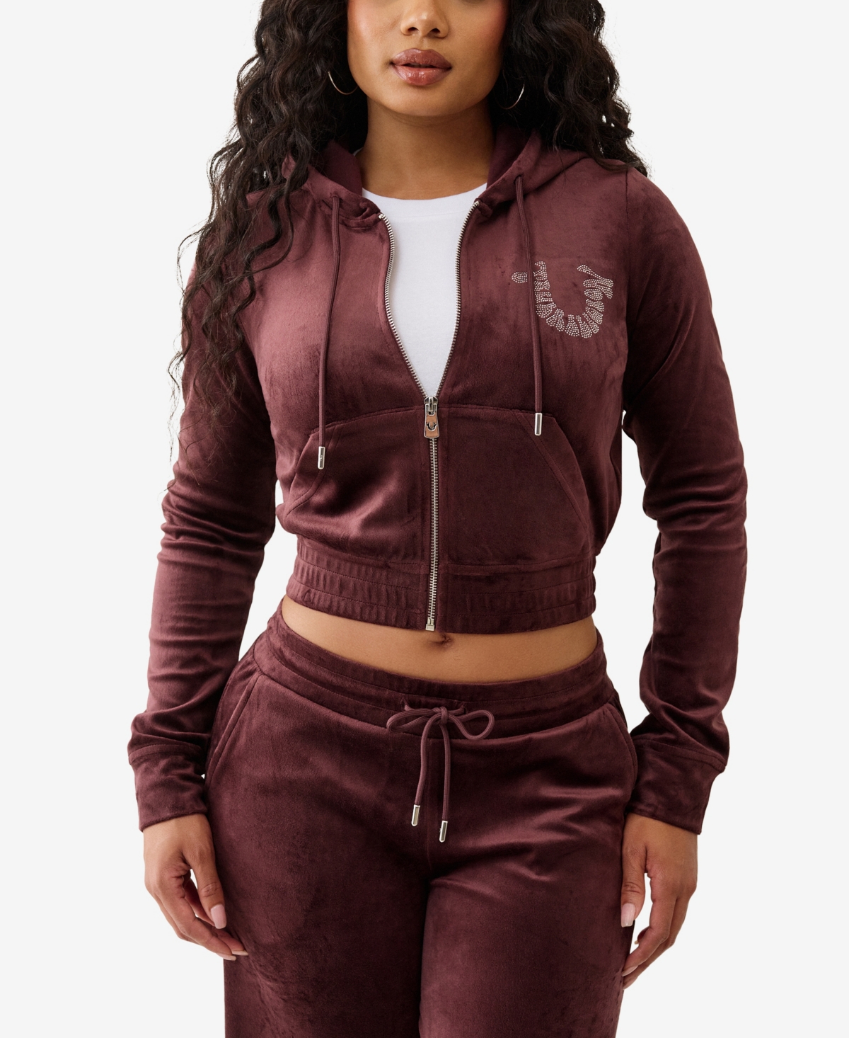 True Religion Womens Crystal Velour Zip Hoodie - Fudge