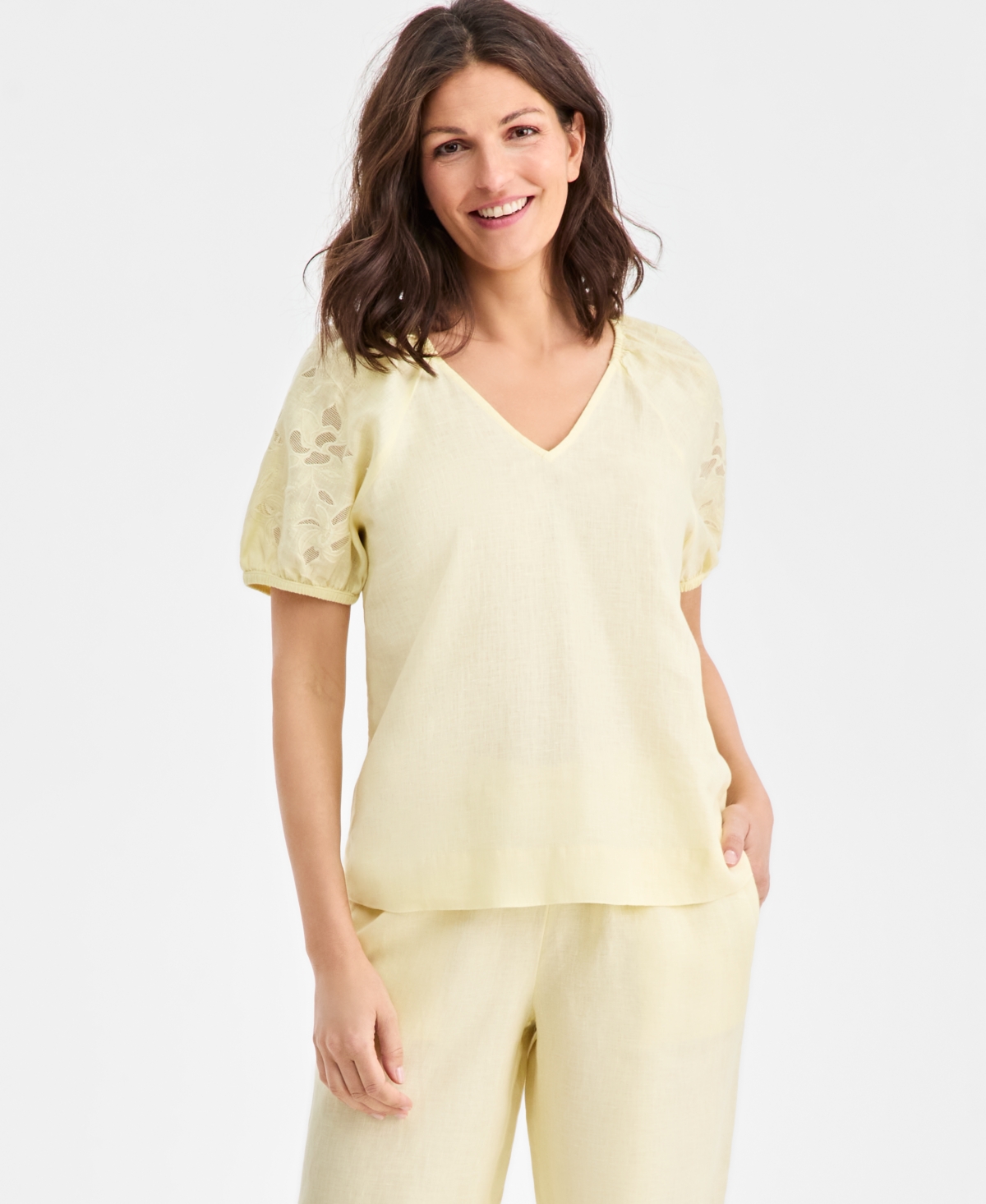 Click here for Charter Club Womens 100 Linen V-Neck Applique-Slee... prices