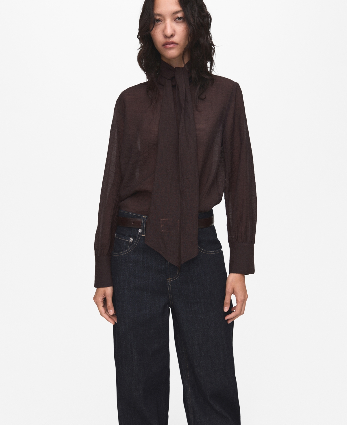 Click here for Mango Womens Foulard Detail Textured Blouse - Choc... prices