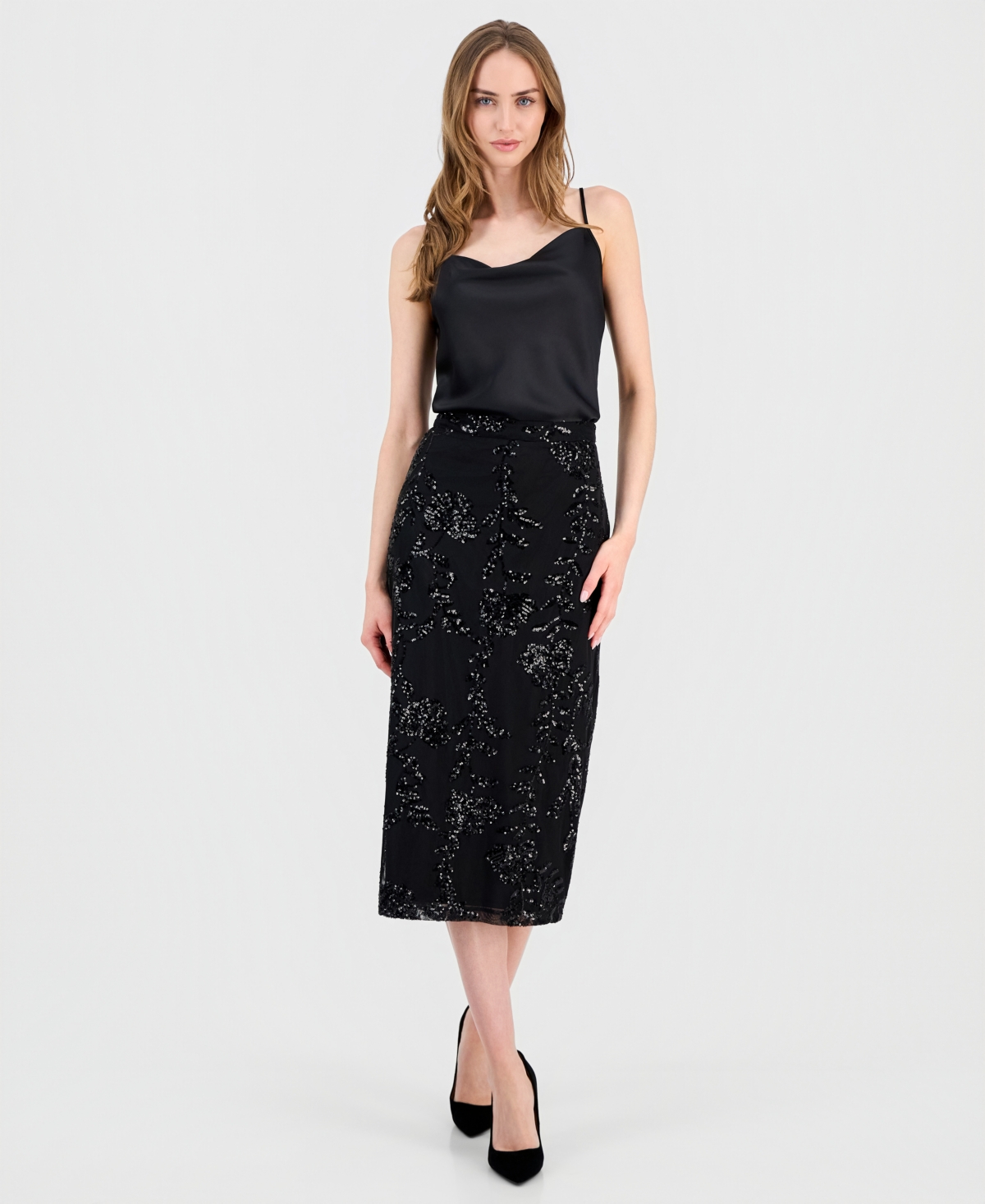 T Tahari Womens Floral Sequin Midi Skirt - Black