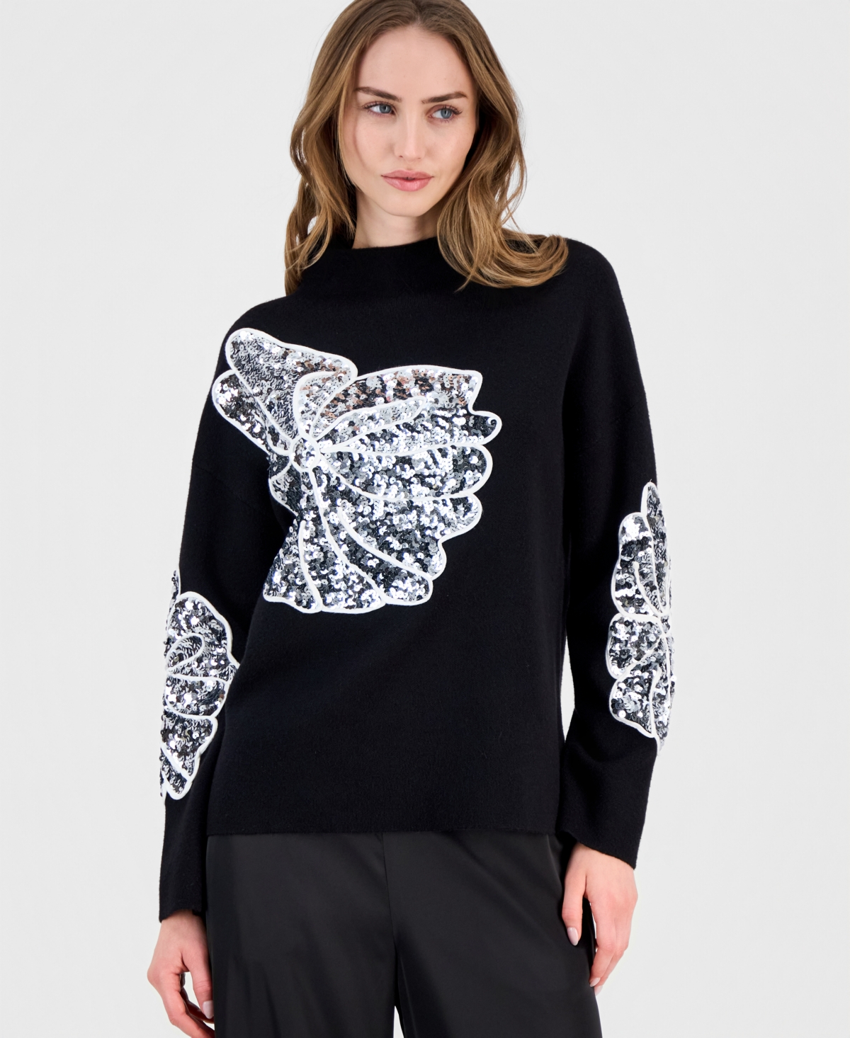 Click here for T Tahari Womens Sequin Soutache Funnel-Neck Sweate... prices