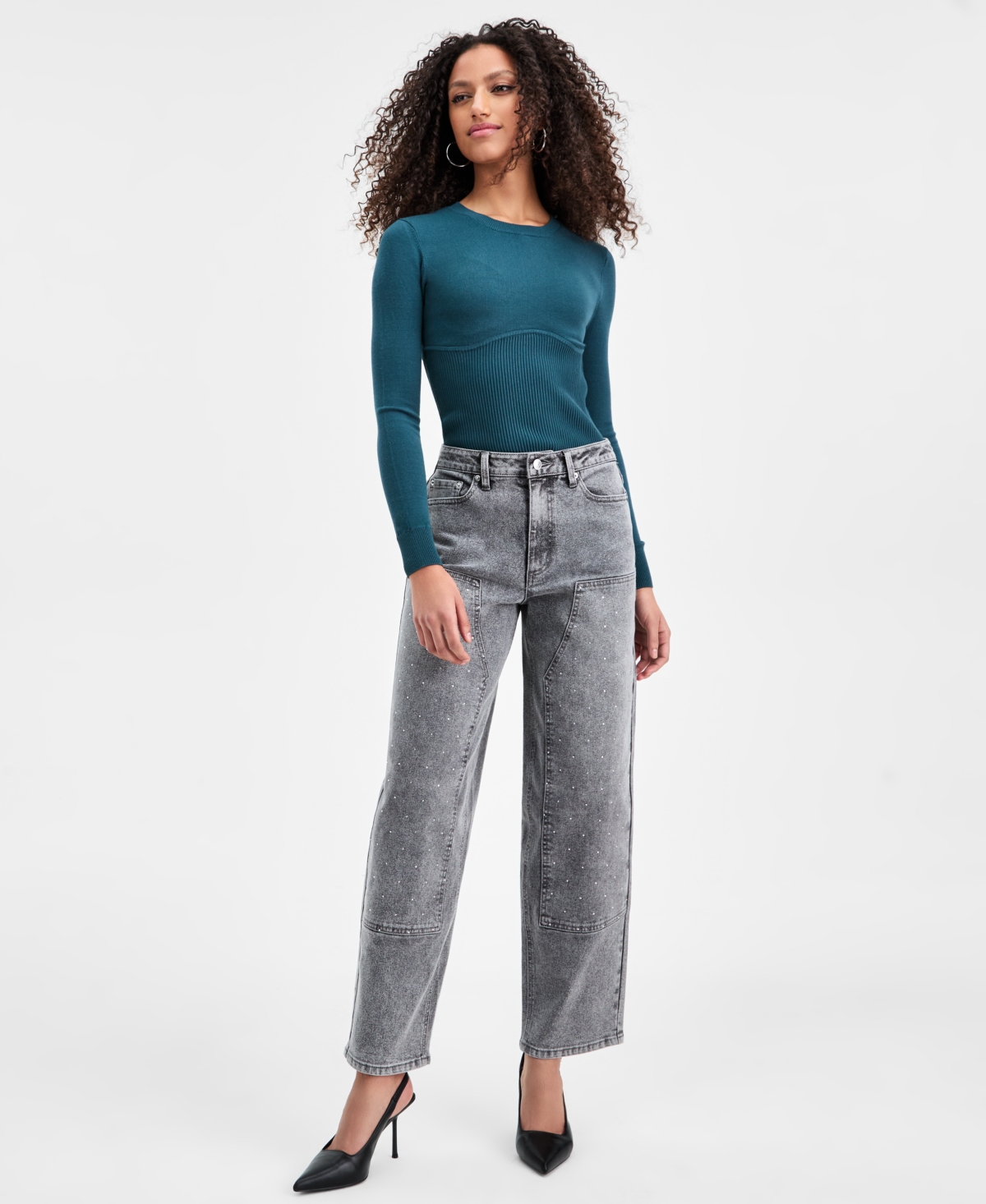 Click here for Bar Iii Womens Rhinestone Embellished Barrel-Leg J... prices