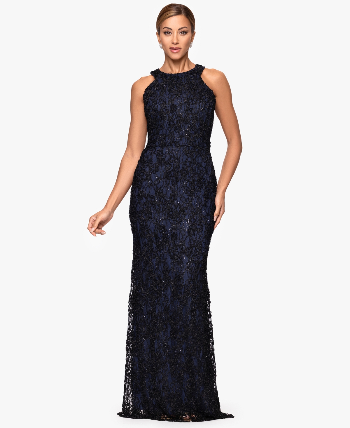 Click here for Xscape Petite High-Neck Sleeveless Lace Sheath Gow... prices