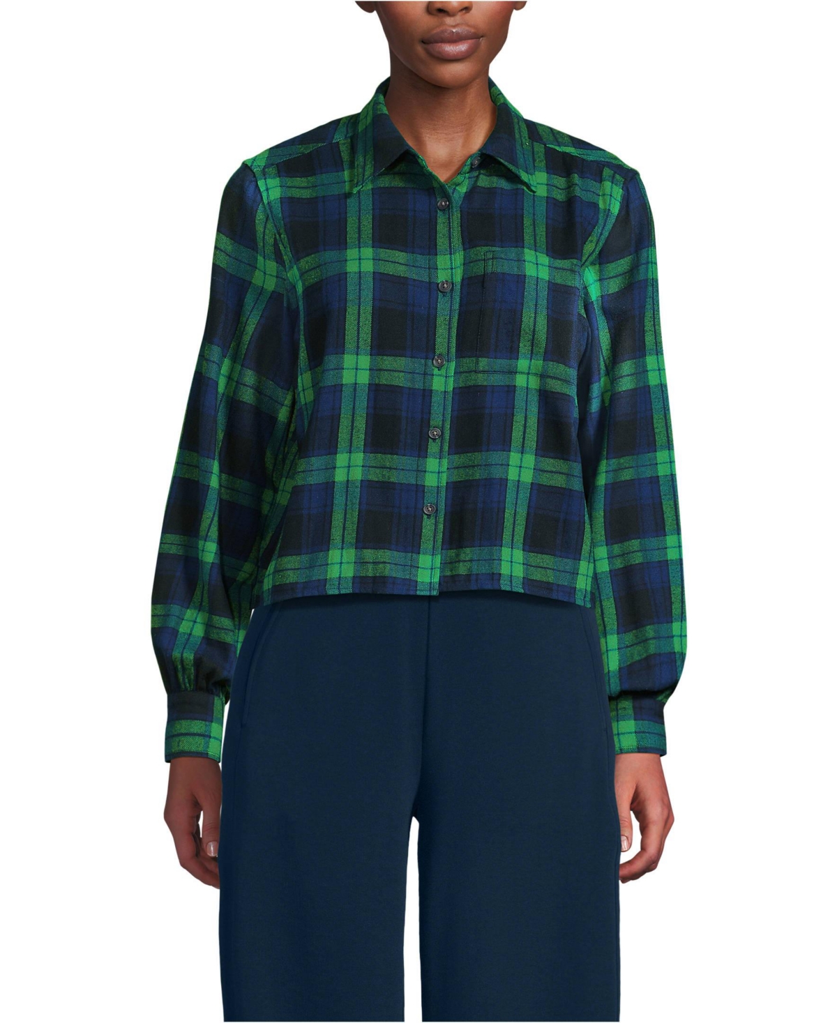 Click here for Lands End Womens Cropped Flannel Shirt - Rich clov... prices