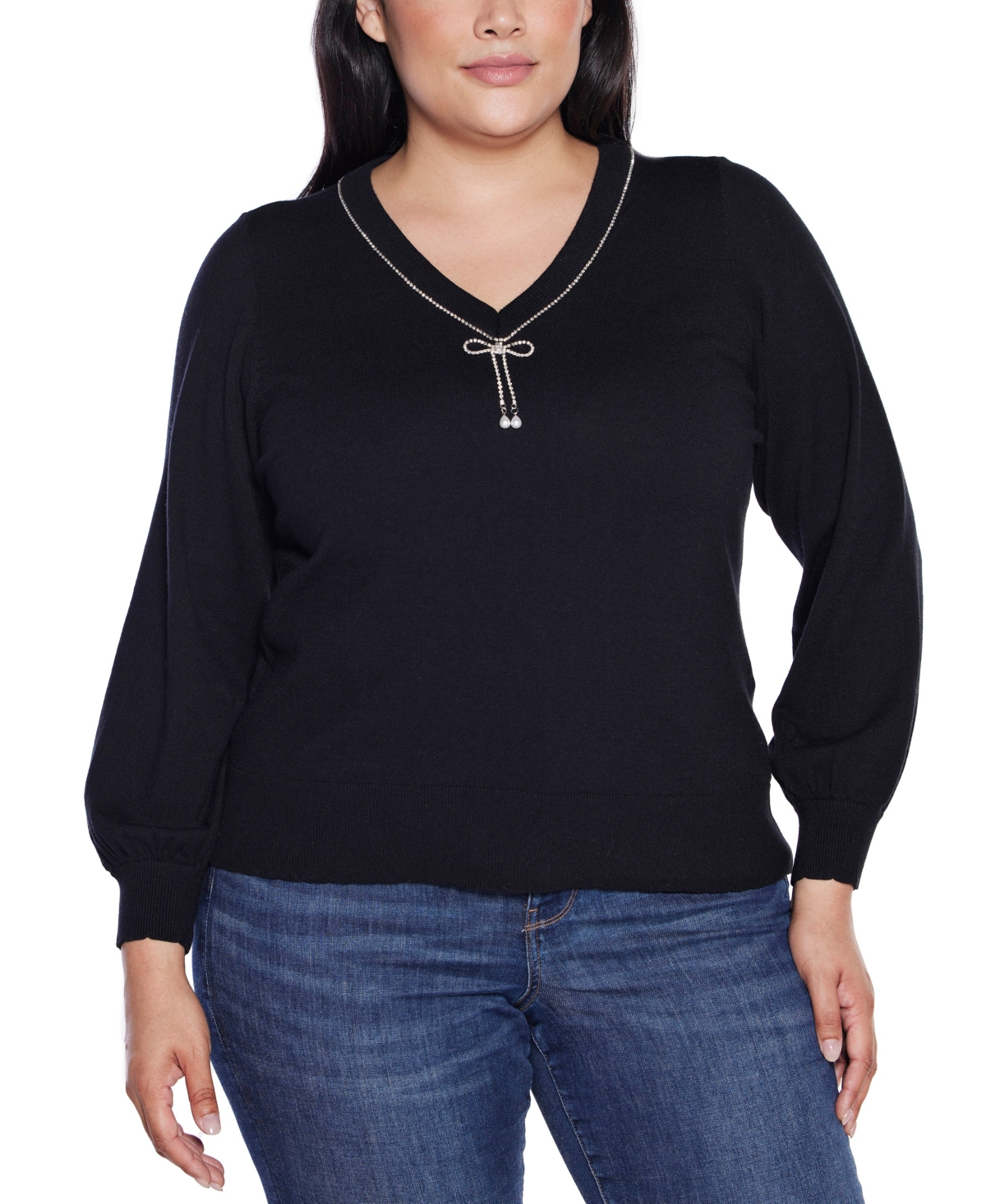 Click here for Belldini Plus Size V-Neck Rhinestone-Bow Sweater -... prices