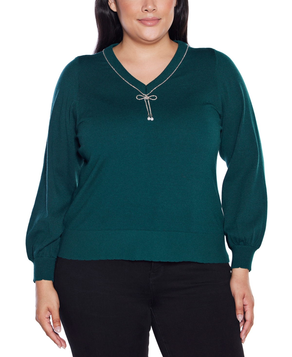 Click here for Belldini Plus Size V-Neck Rhinestone-Bow Sweater -... prices