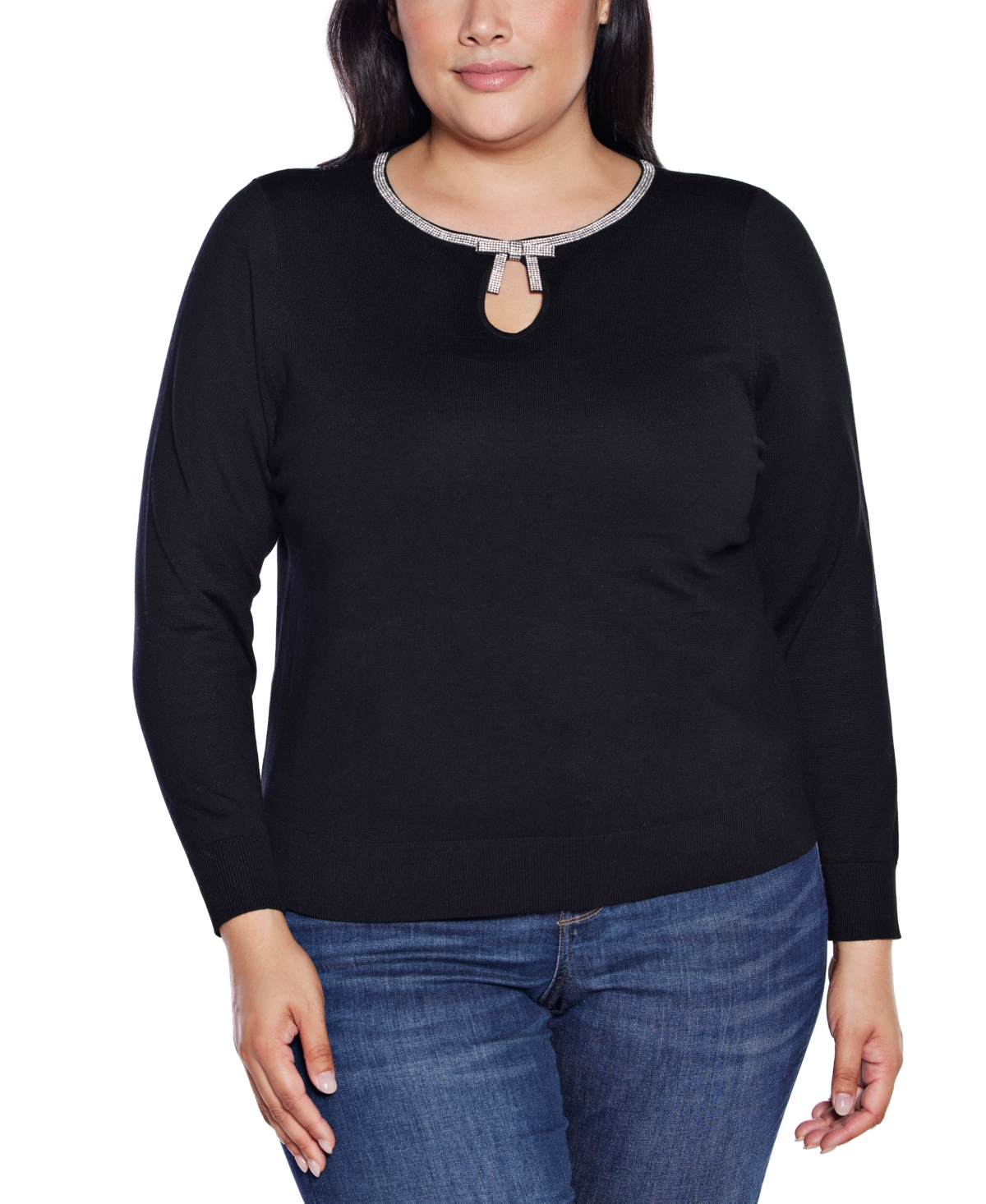 Belldini Plus Size Womens Embellished Keyhole Crew Neck Sweater - Black